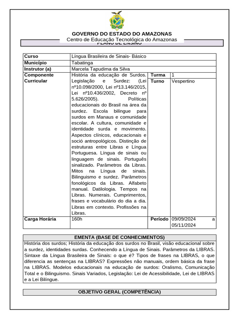 Plano de Aula Libras Basico Cetam-1 | PDF | Psicolingüística | Comunicación humana