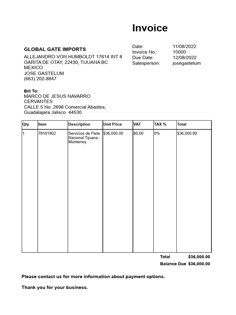 Global Gate Imports Invoice 10000 | PDF