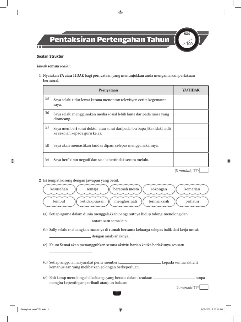 Pentaksiran Pertengahan Tahun Pendidikan Moral Tingkatan 2 | PDF