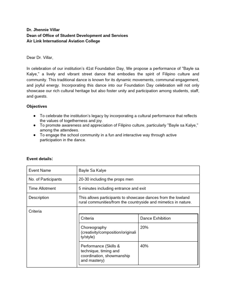 Bayle Sa Kalye Proposal 2024 For Foundation Day | PDF