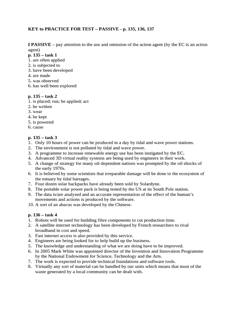 KEY To PRACTICE FOR TEST - PASSIVE - 3rd Semester - P. 135, 136, 137 | PDF