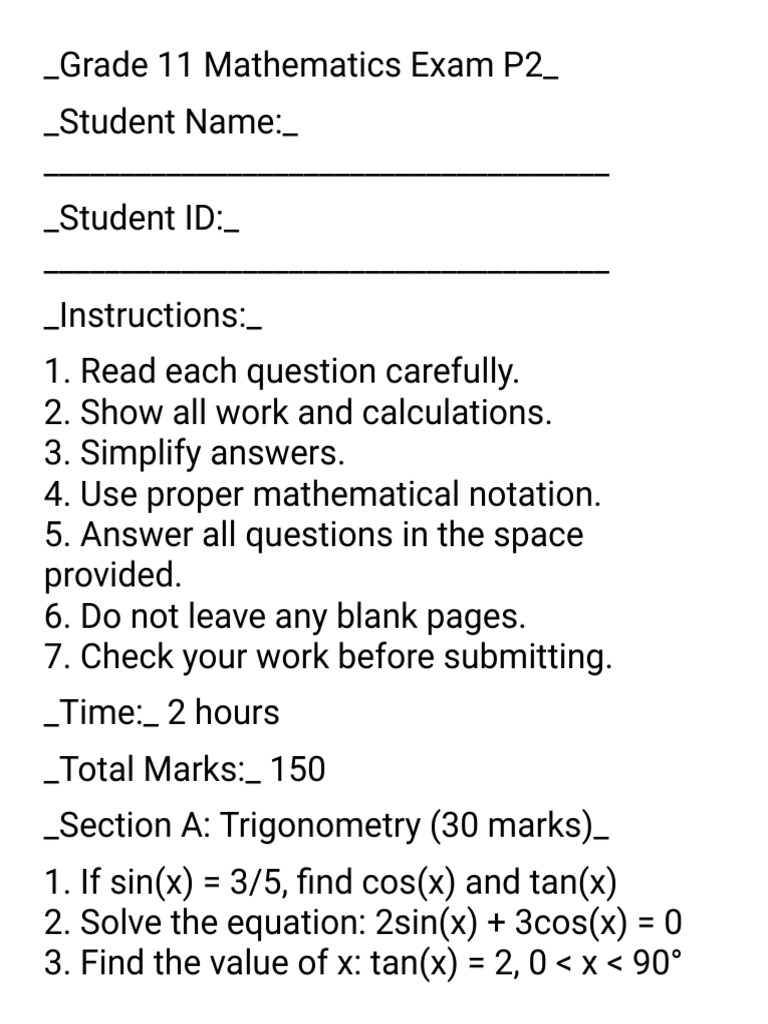 Grade 11 Math Exam Paper 2 Guide | PDF