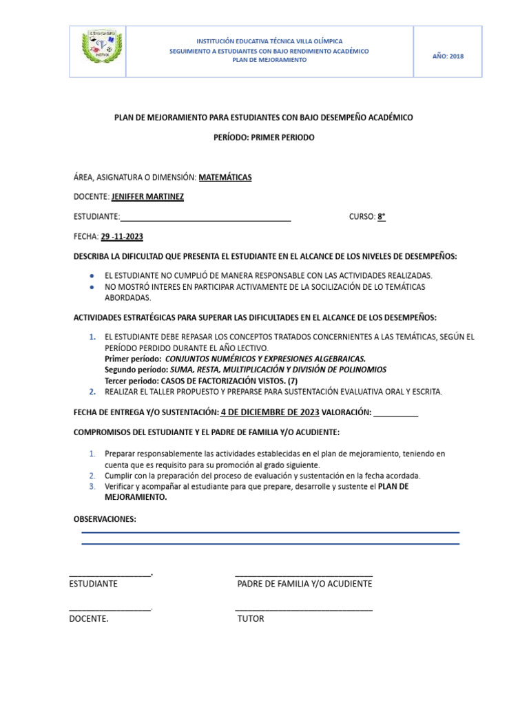 Plan De Mejoramiento Final Matemáticas Pdf