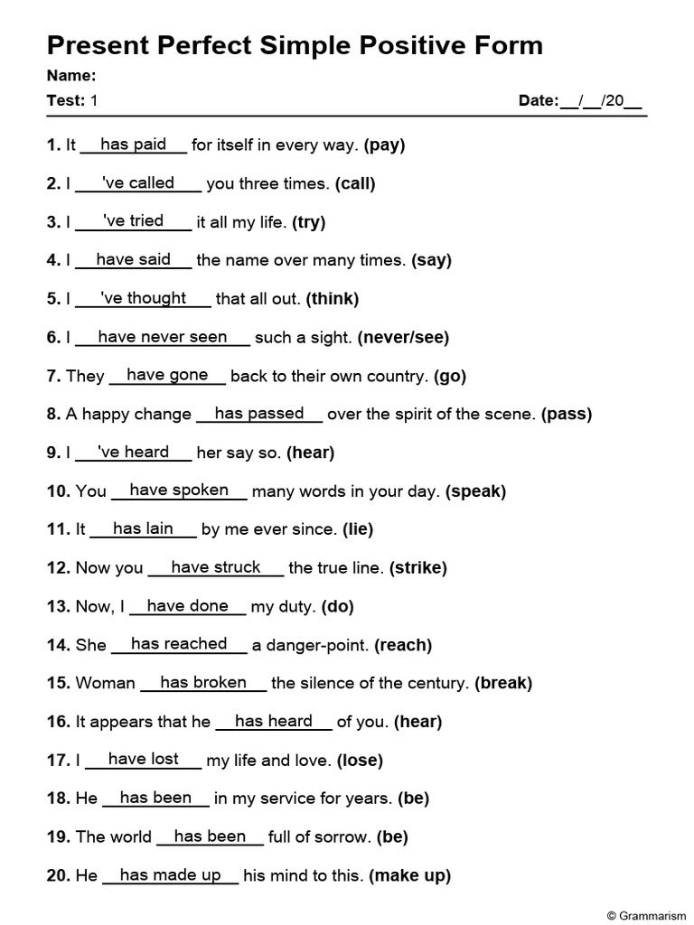 Grammarism Present Perfect Positive Test 1 Solved 14078750 | PDF