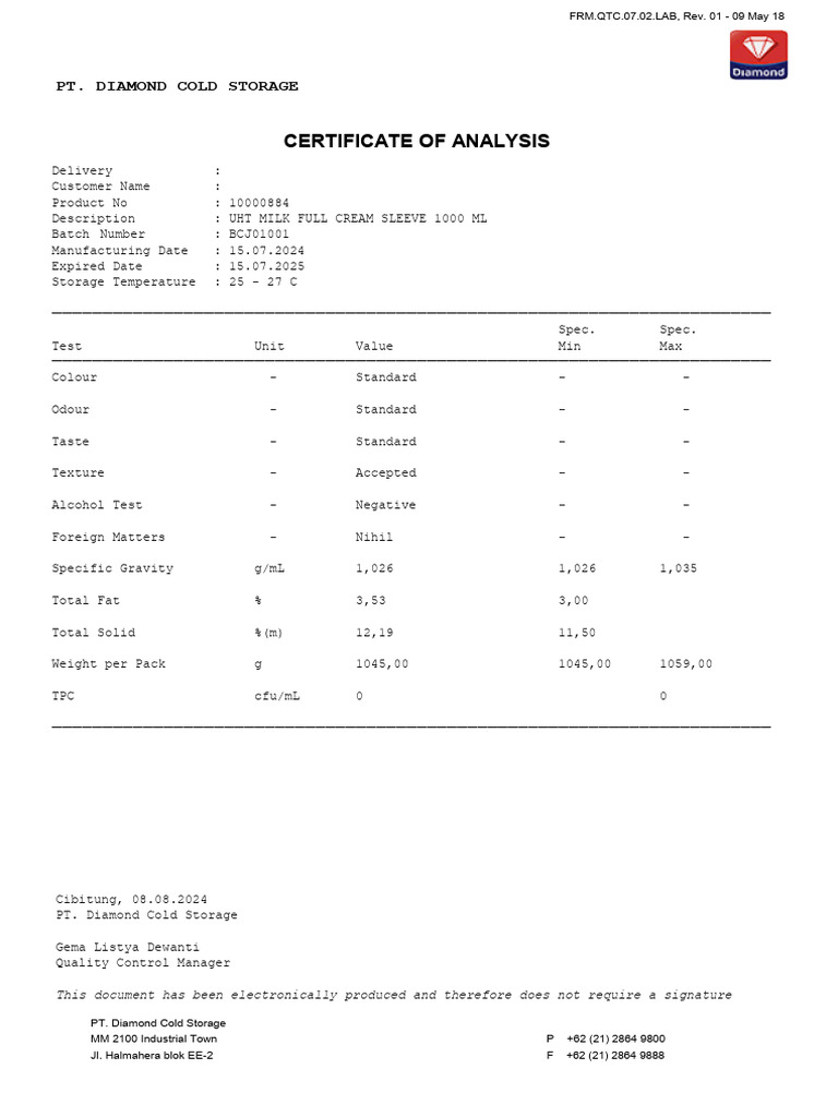 COA UHT MILK FULL CREAM SLEEVE 1000 ML BCJ01001 (AGUSTUS 24)-1 | PDF