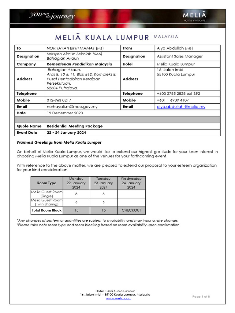 Quatation Melia Hotel | PDF