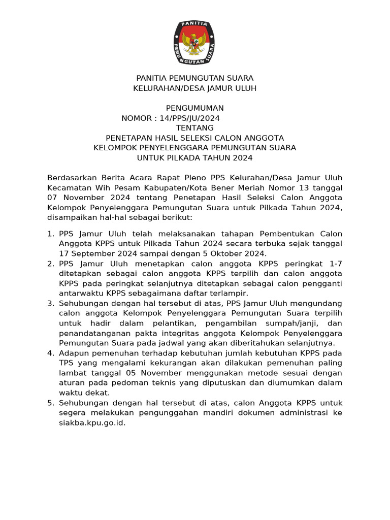 2.pengumuman PPS Penetapan Hasil Seleksi KPPS | PDF