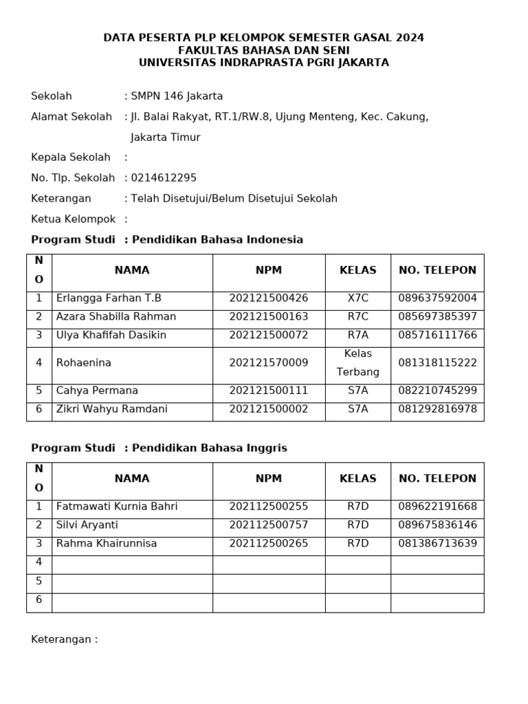 FORM Peserta PLP 2024 (X) | PDF