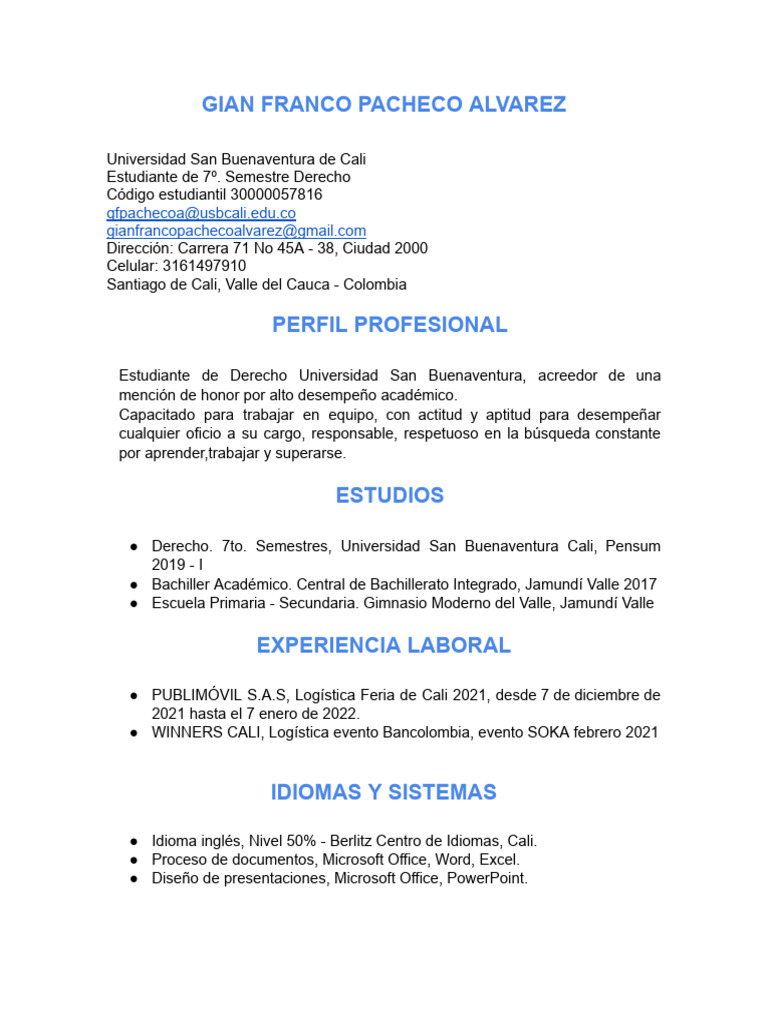 Hoja de Vida. Gian Franco Pacheco | PDF