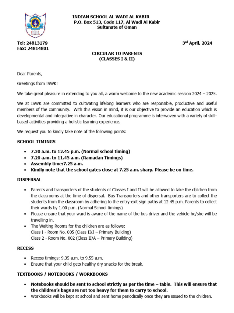First Day Circular Classes I II 2024-25 | PDF