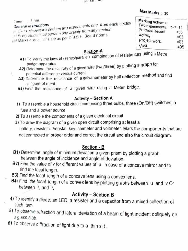 Class 12 Physics Practical Activities | PDF | Equipment | Science ...