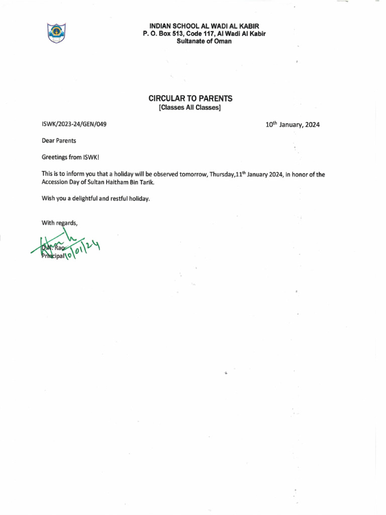 Circular To Parents-Holiday Announcement | PDF