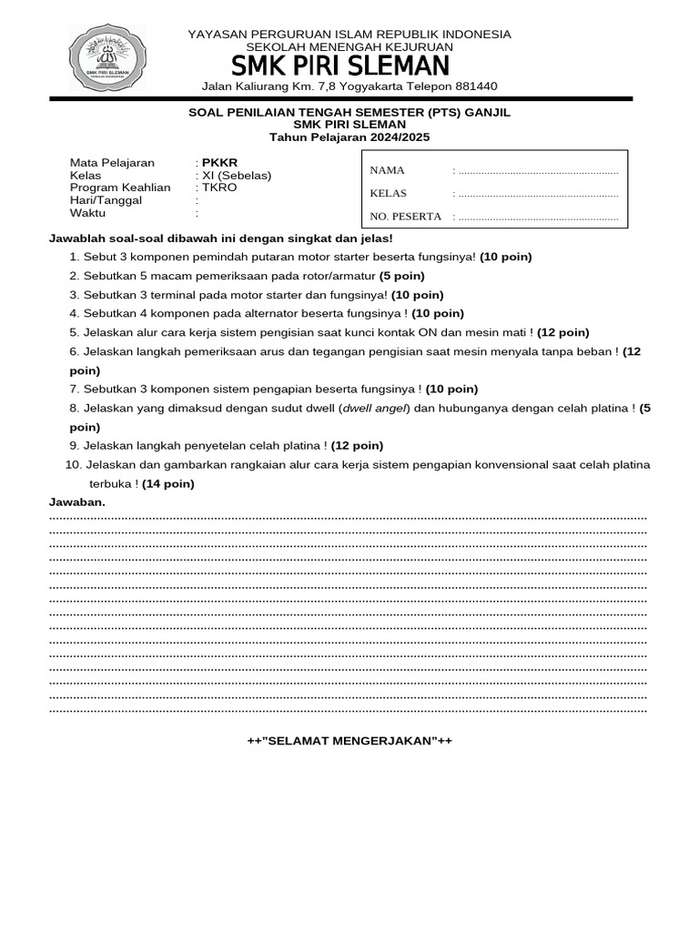 SOAL PTS PKKR Kelas XI TKRO Semester Ganjil 2024-2025 | PDF