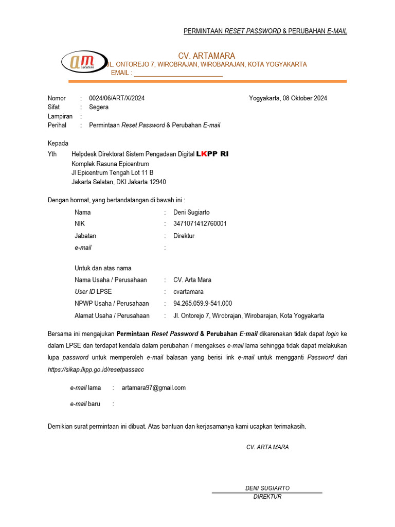 Form Perubahan Email Lpse | PDF