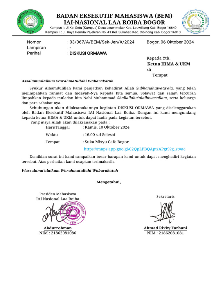 Surat Undangan Diskusi Ormawa | PDF