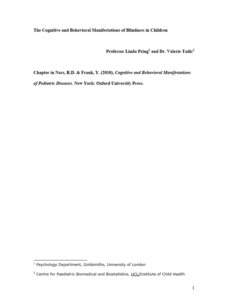 The Cognitive and Behavioral Manifestations of Blindness in Children | PDF