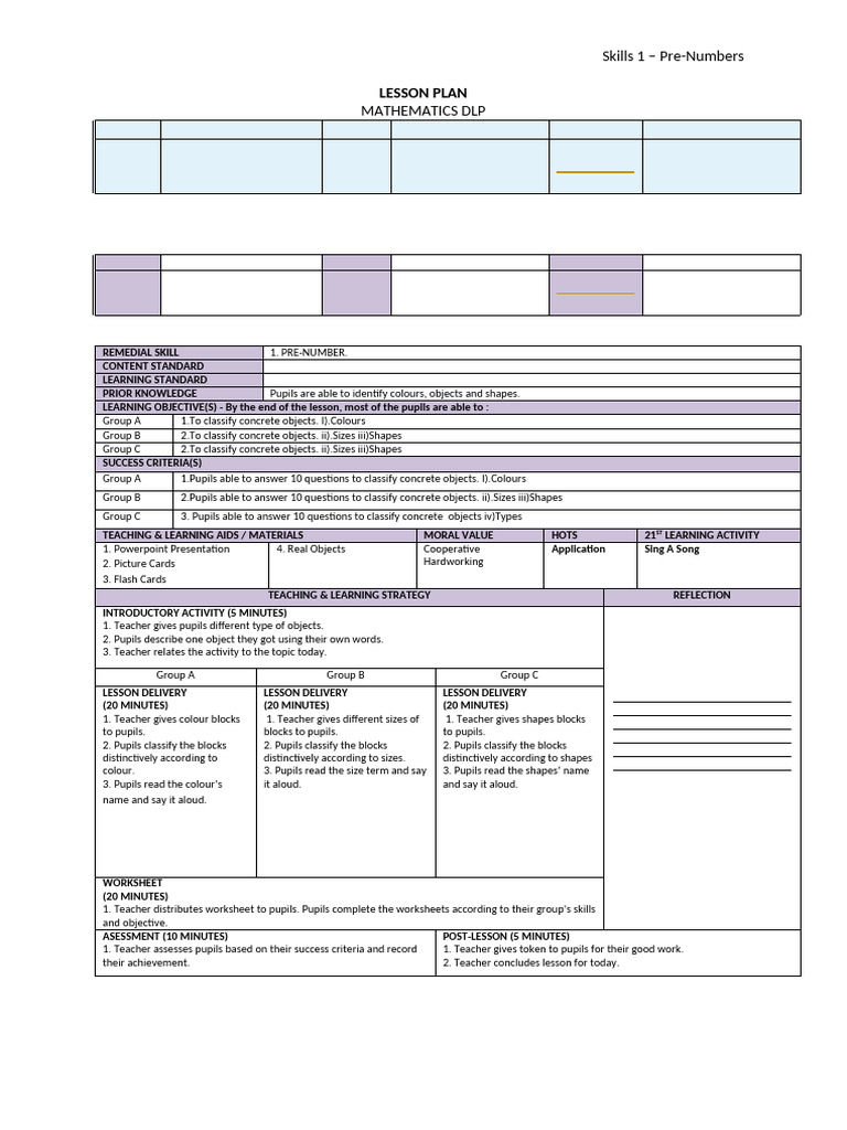 Lesson Plan Skill 1 - Pre-Numbers | PDF