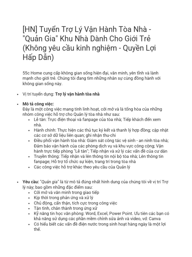 JD_Tro ly van hanh_2024 | PDF