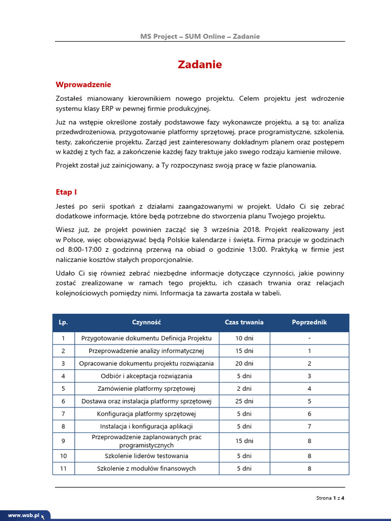 MS_Project_-_zadanie_punktowane - projekt nr 1 | PDF