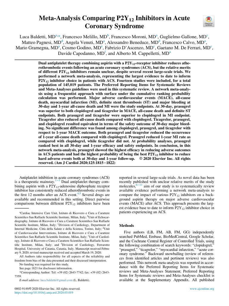Meta Analysis Comparing P2Y12 Inhibitors in ACS | PDF | Medical ...