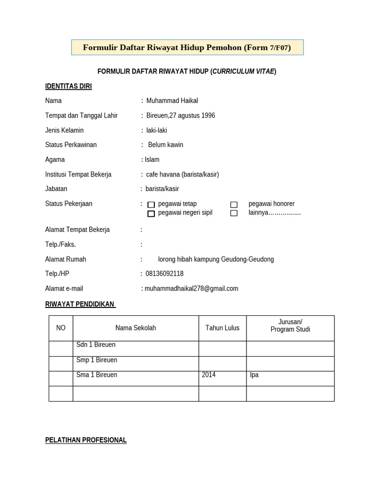7. Formulir Daftar Riwayat Hidup Calon Mahasiswa RPL (Form_7_F07 ...