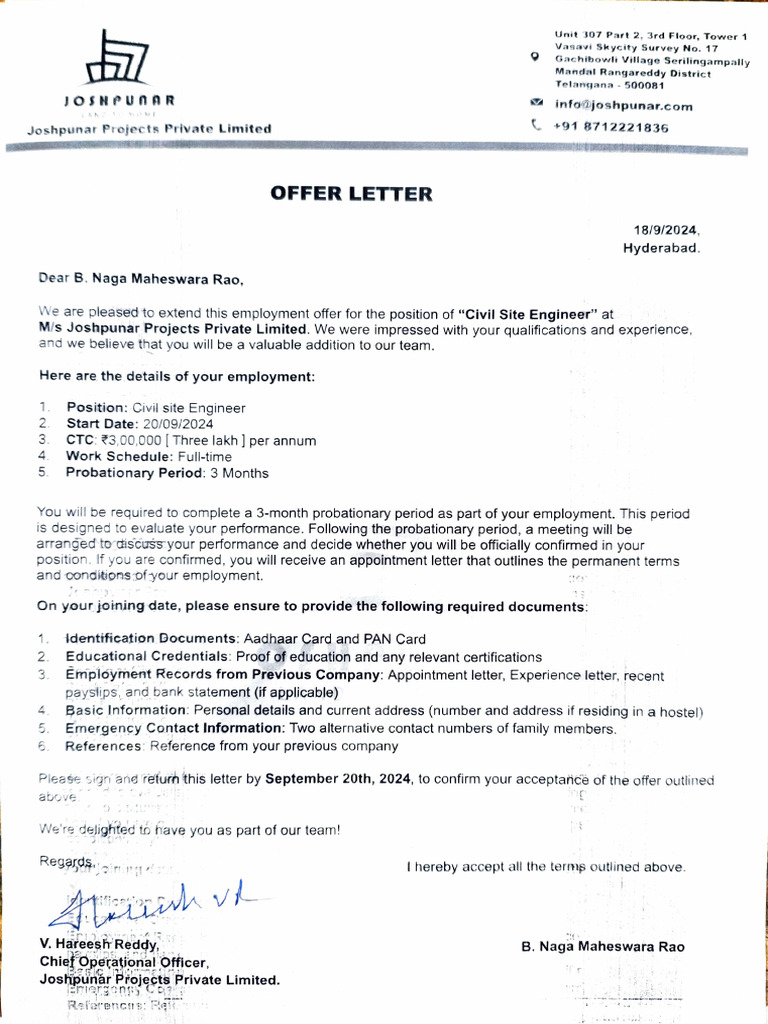 Offer Letter - Naga Maheswara Rao | PDF