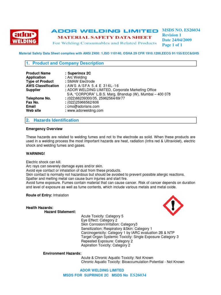 Superinox 2C MSDS Ador Welding | PDF | Personal Protective Equipment ...