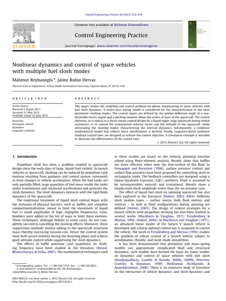 (2012) Nonlinear Dynamics and Control of Space Vehicles With Multiple Fuel Slosh Modes | PDF ...
