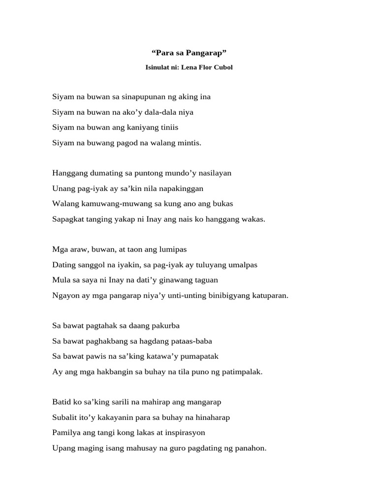 Poem of Lena Flor Cubol | PDF