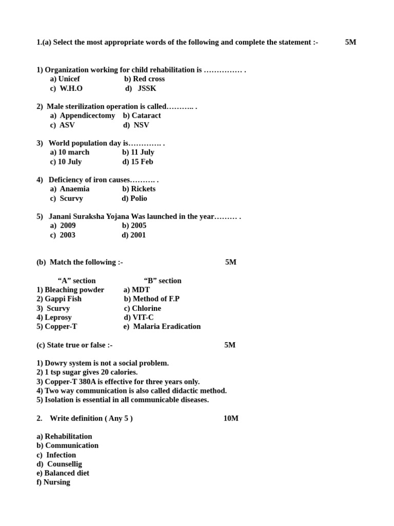 Community Health Nursing Prefinal 2024 | PDF