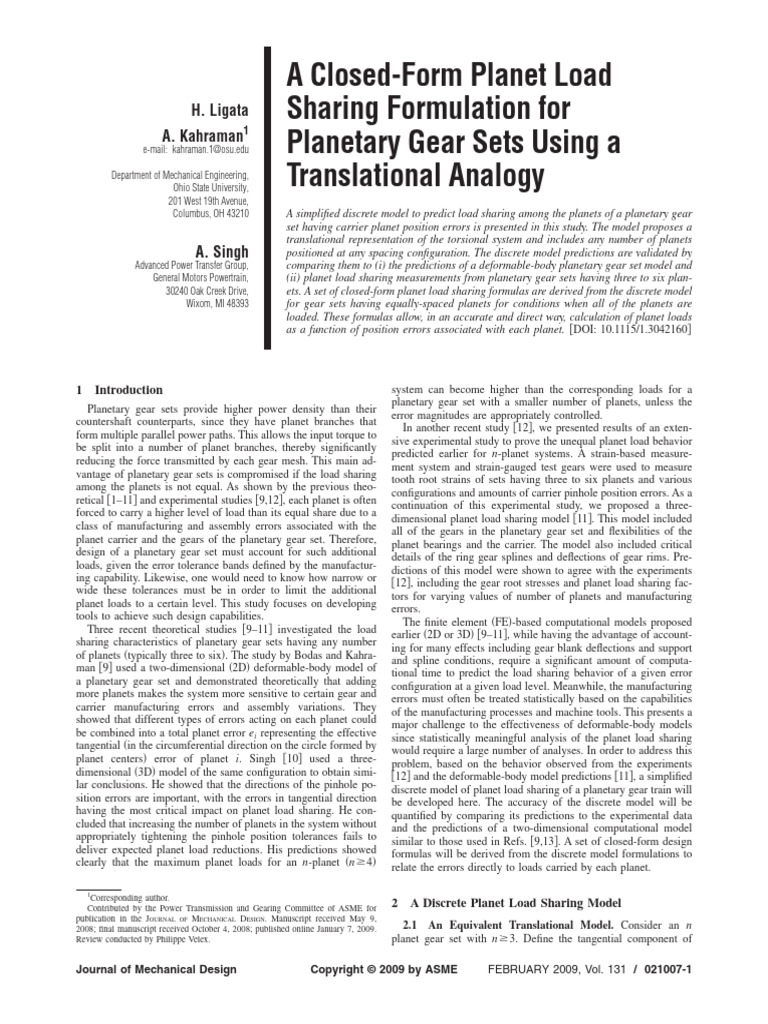 A Closed-Form Planet Load Sharing Formulation For Planetary Gear Sets ...