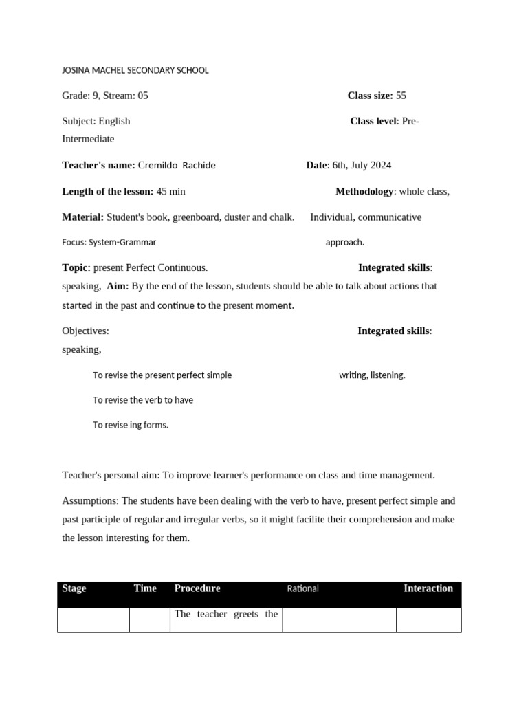 Present Perfect Continuous Lesson Plan | PDF | Verb | Career & Growth