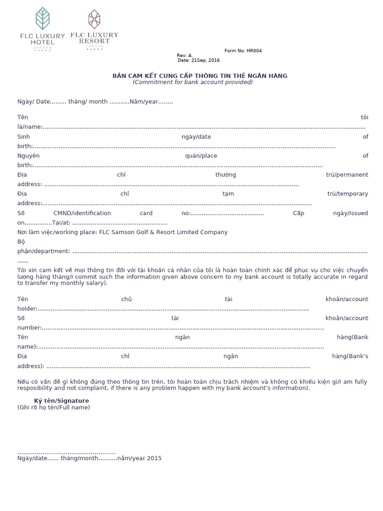 Form No. HR004 Khai báo thông tin thẻ ngân hàng- ATM Information note | PDF