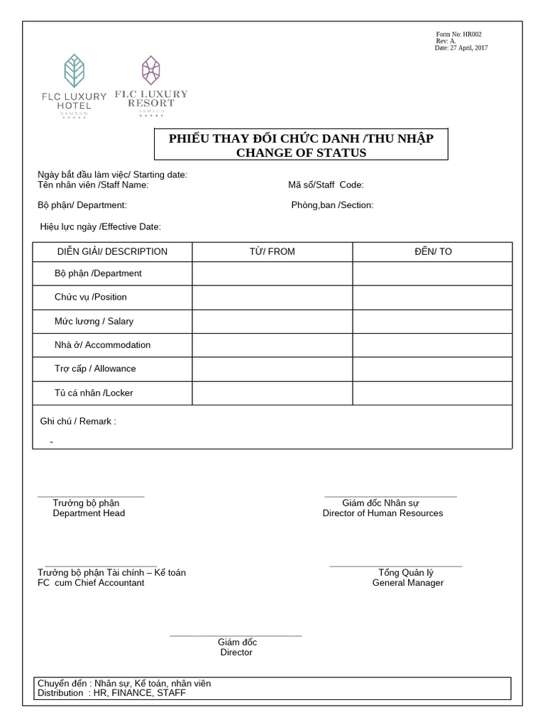 Form No. HR002 Thay đổi vị trí - Change of Status | PDF