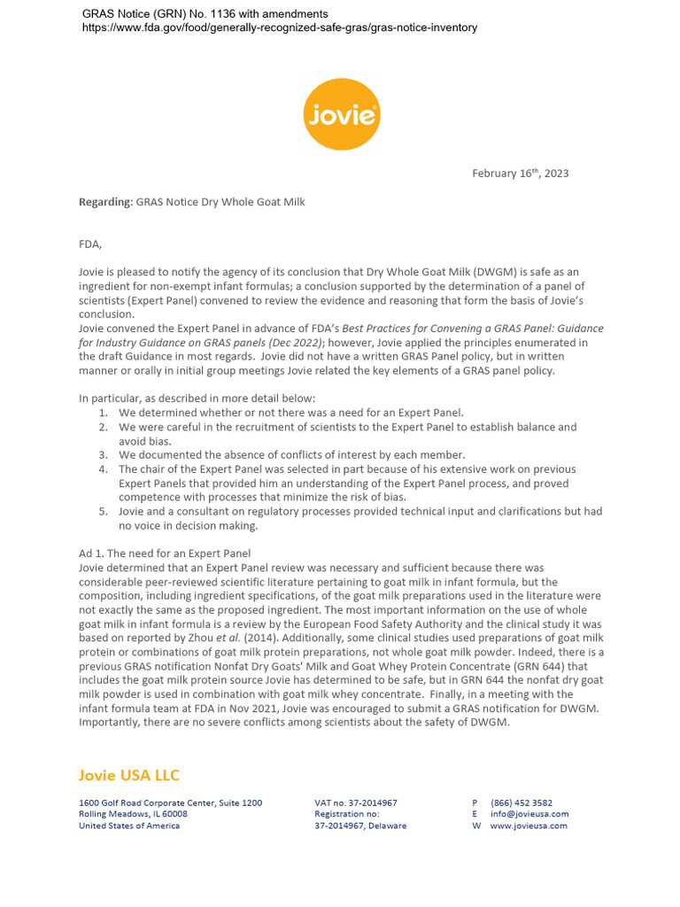 GRAS Notice GRN 1136 Dry Whole Goat Milk | PDF