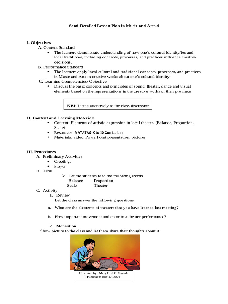 Semi-Detailed Lesson Plan in Music and Arts 4: MATATAG K To 10 ...