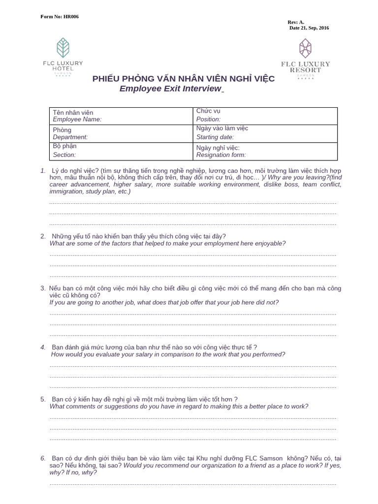 Form No. HR006 Phỏng vấn nhân viên khi nghỉ việc - Exit Interview | PDF