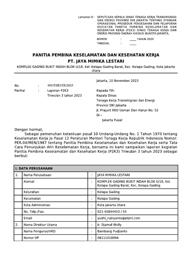 Laporan P2K3 Triwulan-3 | PDF