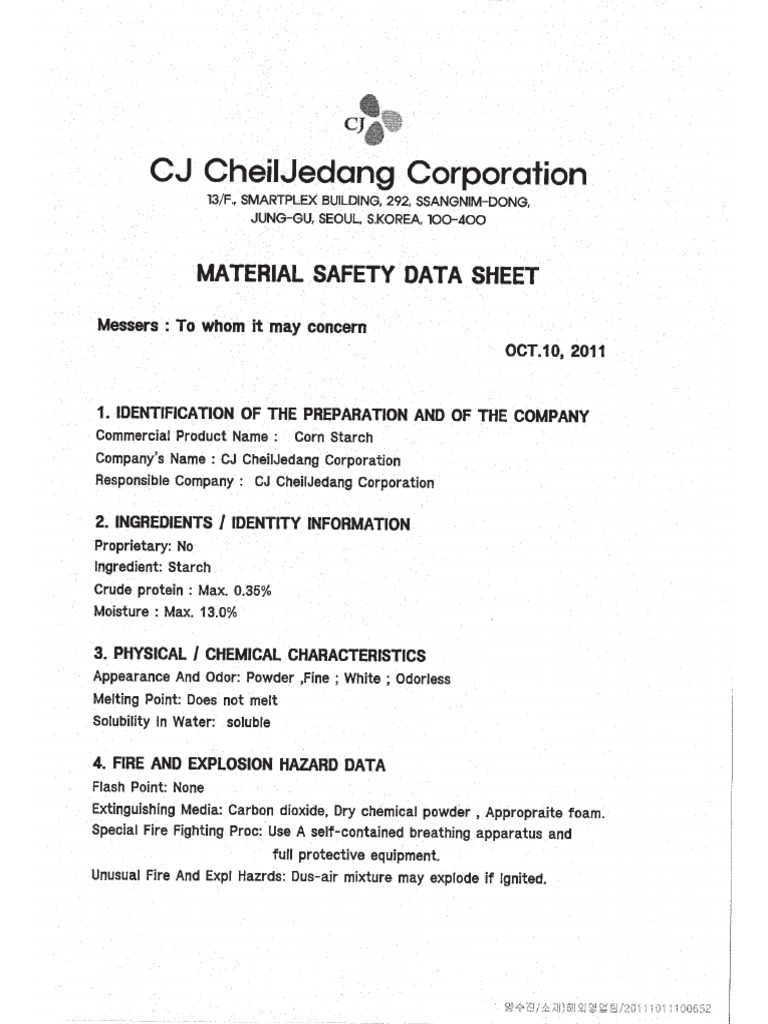 MSDS Corn Starch Ceiljedang | PDF
