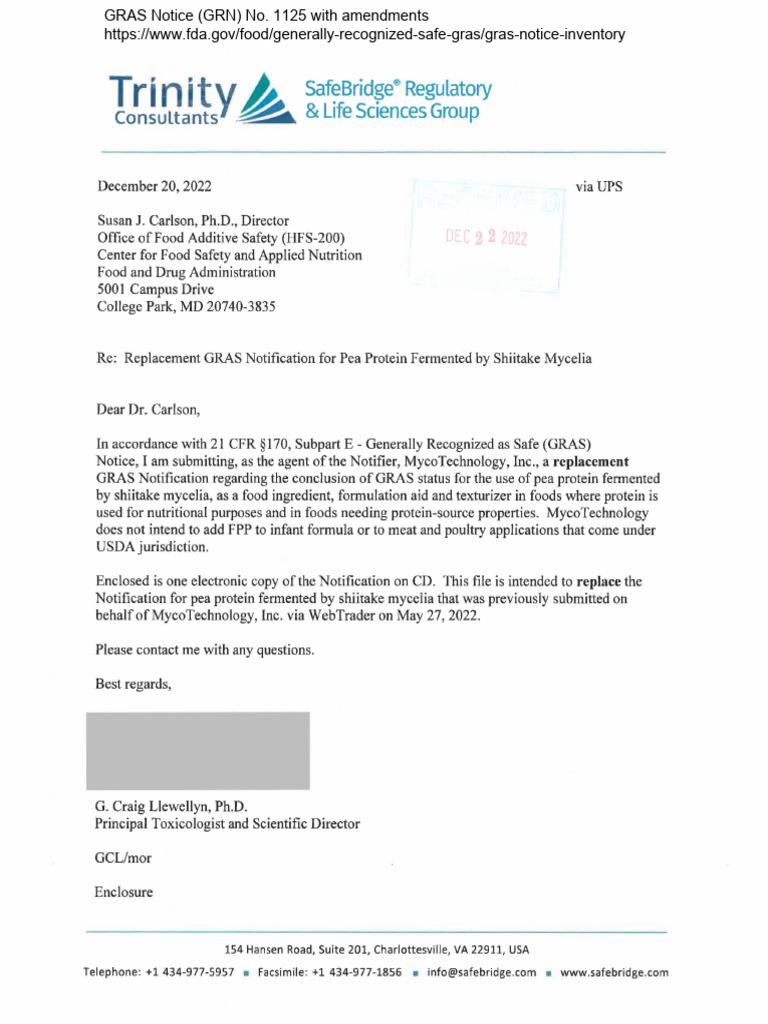 Gras Notice GRN 1125 Pea Protein Fermented by Shiitake Mycelia With ...