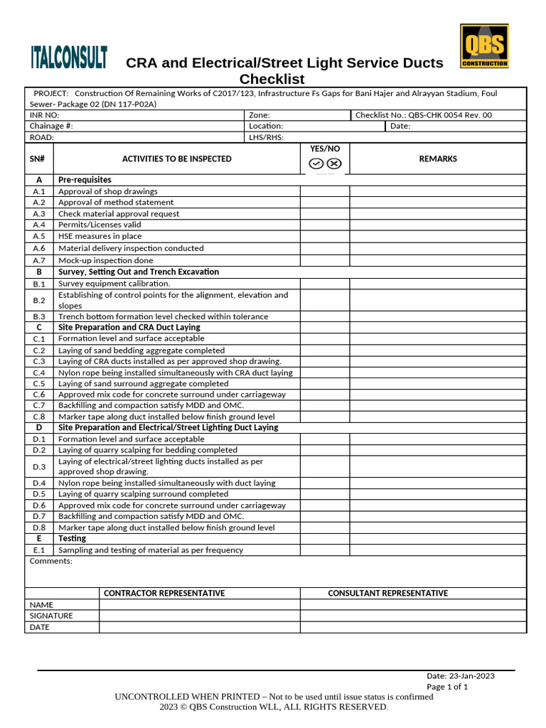 Checklist For Service CRA, Electrical and Street Lighting Service Ducts ...