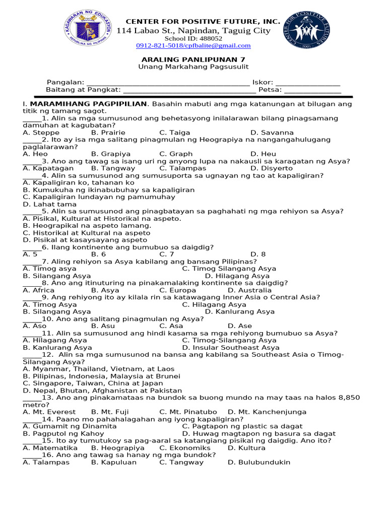 Unang Markahang Pagsusulit-AP7 | PDF