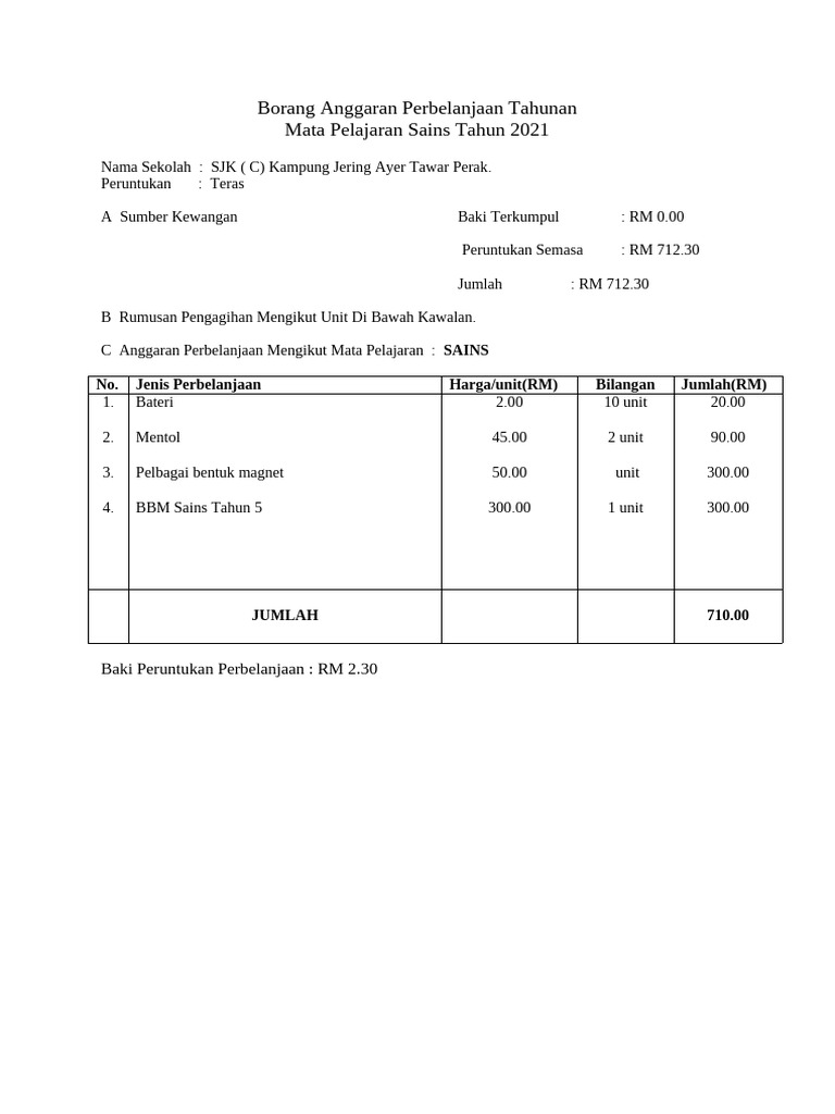 Borang Anggaran Perbelanjaan Tahunan PANITIA SAINS | PDF