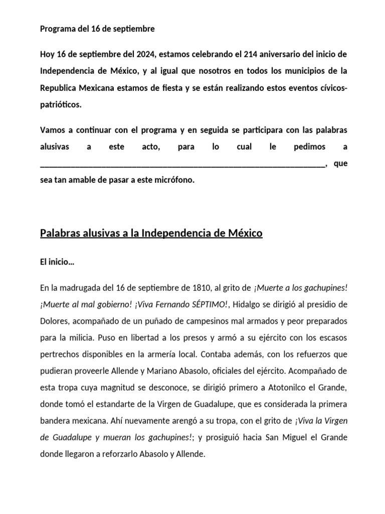 Palabras Alusivas A La Independencia de Mexico | PDF