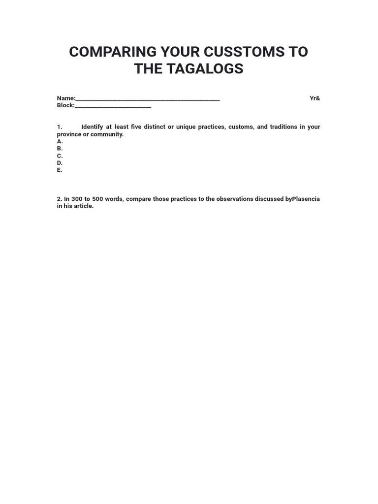 Customs of Tagalog Activity | PDF