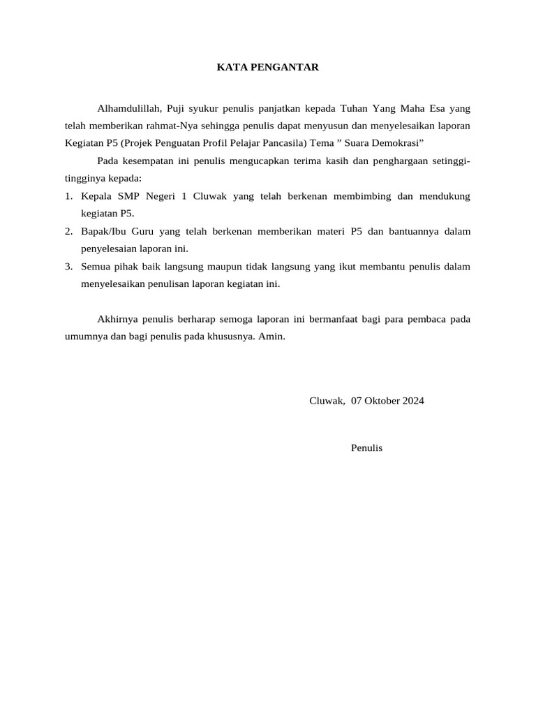 Contoh Kata Pengantar Laporan P5-1 | PDF