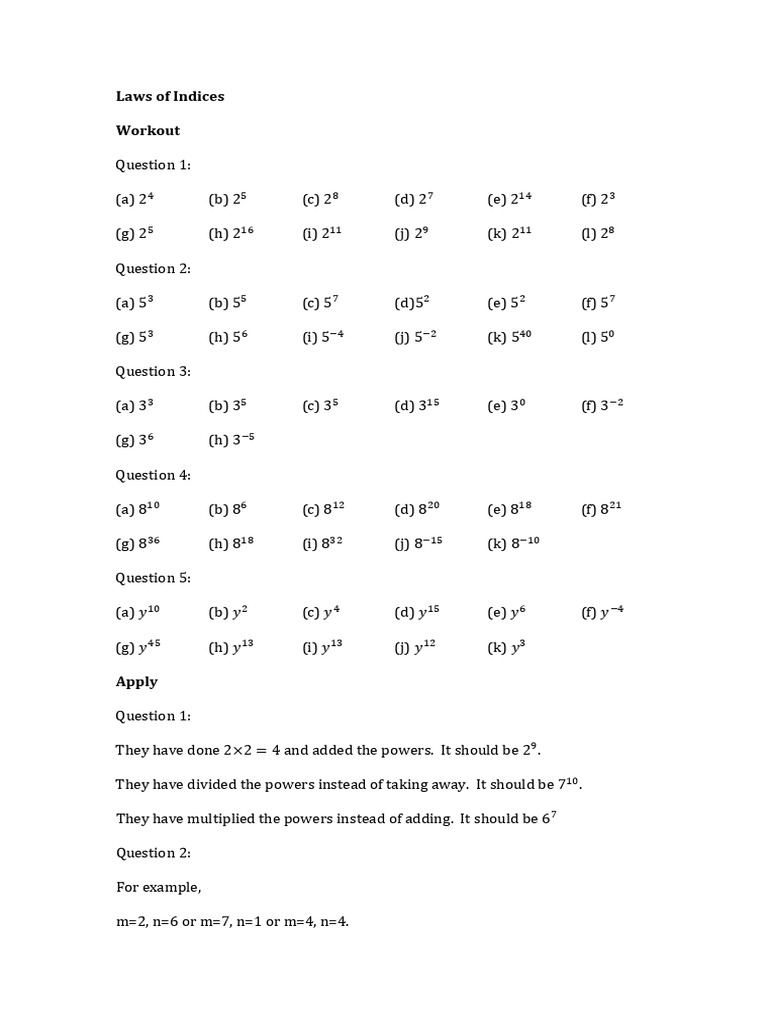 Laws of Indices Answers | PDF