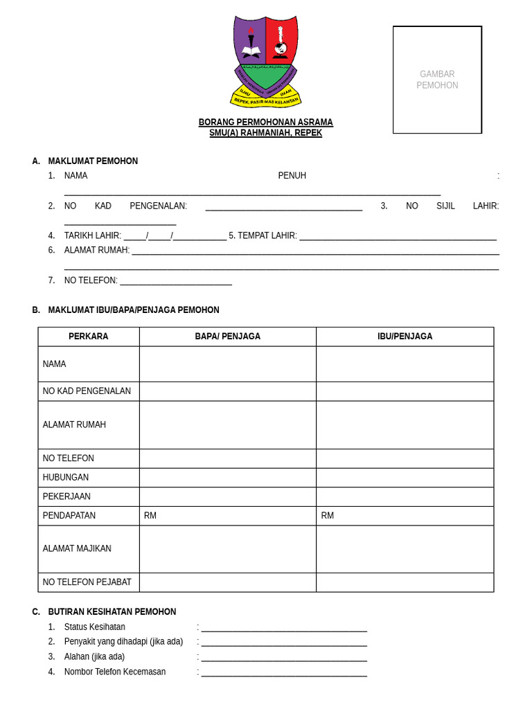Borang Permohonan Asrama Smu (A) Rahmaniah, Repek | PDF