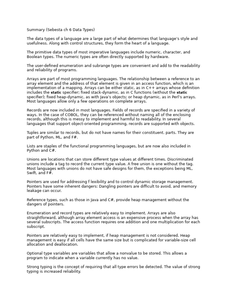 Summary (Sebesta CH 6 Data Types) | PDF