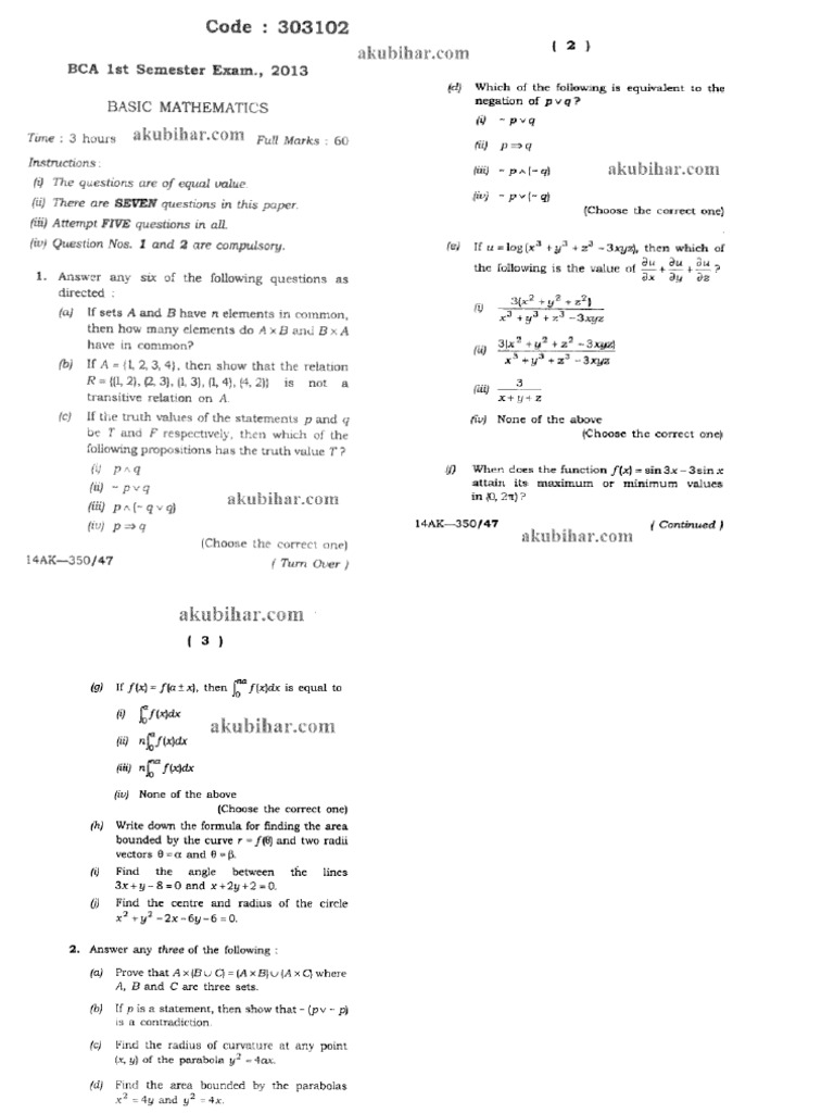 Bca 1 Sem Basic Mathematics 2013 | PDF